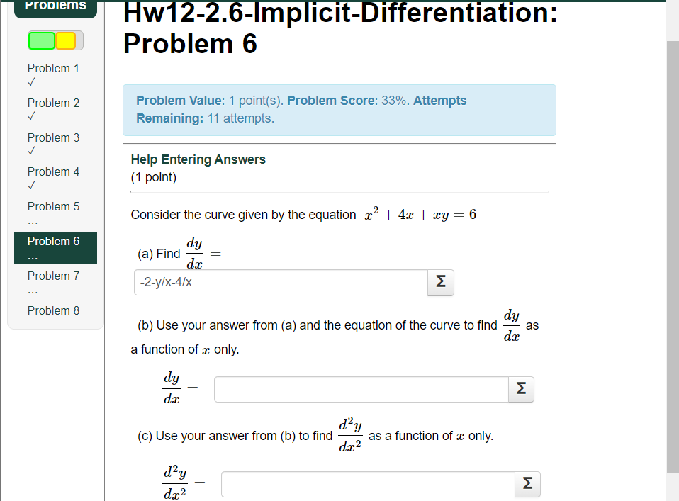 Solved Propiems Hw12-2.6-Implicit-Differentiation: Problem 6 | Chegg.com Solved Propiems Hw12-2.6-Implicit-Differentiation: Problem 6 | Chegg.com