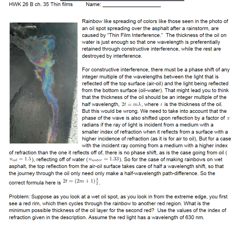 Solved HWK 26 B ch. 35 Thin films Name: Rainbow like | Chegg.com