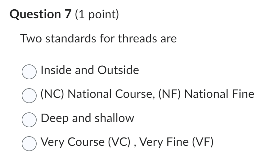 Solved Question 7 (1 point) Two standards for threads are | Chegg.com