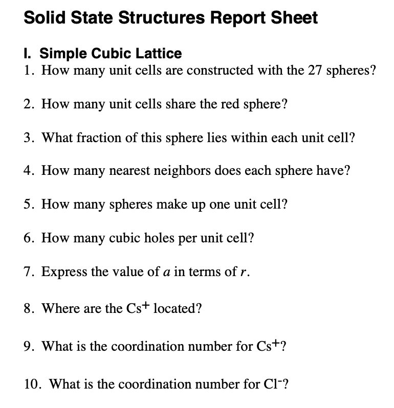 Solved Solid State Structures Report Sheet I. Simple Cubic | Chegg.com