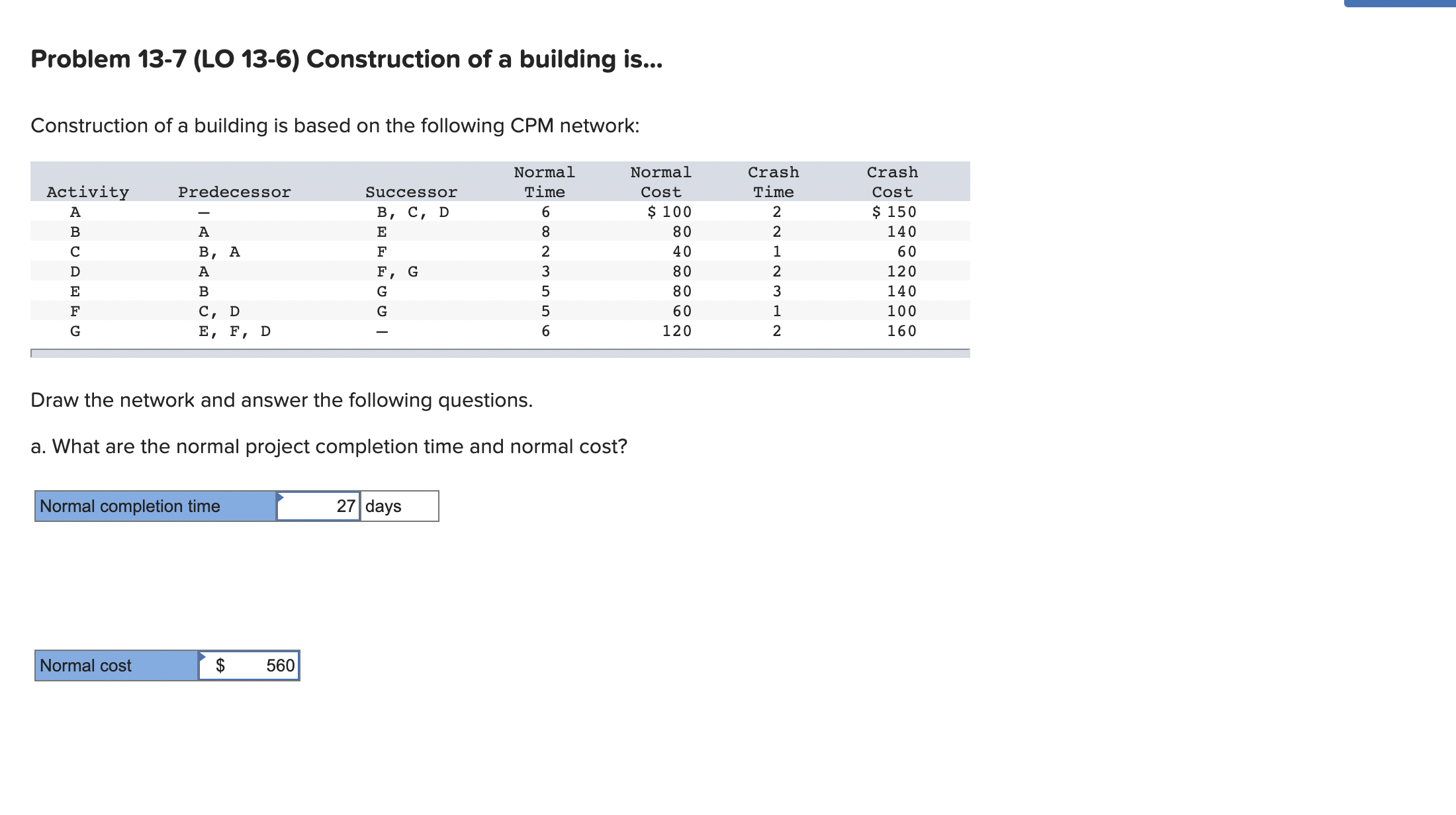 Solved Problem 13-7 (LO 13-6) Construction of a building | Chegg.com