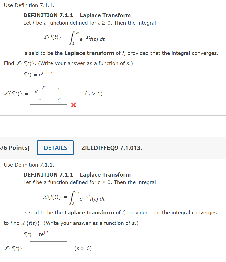 Solved DEFINITION 7.1.1 Laplace Transform Let f be a | Chegg.com