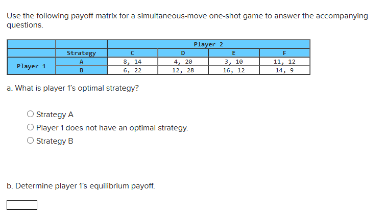 Solved Use the following payoff matrix for a | Chegg.com