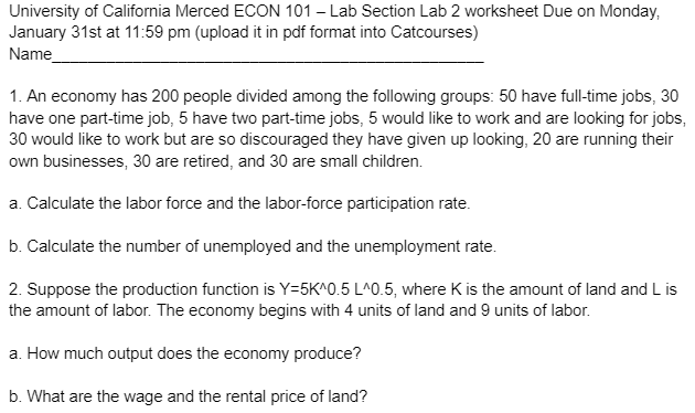 Solved University of California Merced ECON 101 - Lab | Chegg.com