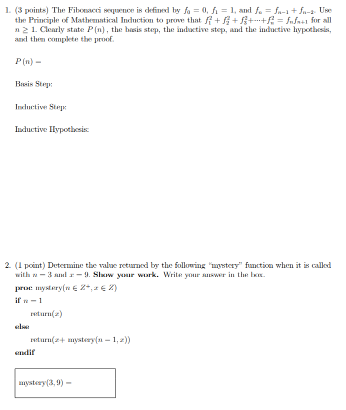 Solved 1. (3 points) The Fibonacci sequence is defined by fo | Chegg.com