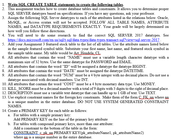 1 2 Write Sol Create Table Statements To Create The