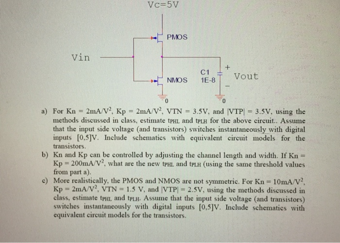 Solved PMOS Vin C1 NMOS 1E-8T Vout a) For Kn-2mA/V2. | Chegg.com