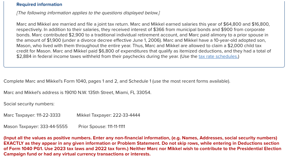 Solved Form 1040 Page 1 and 2.Required information [The | Chegg.com