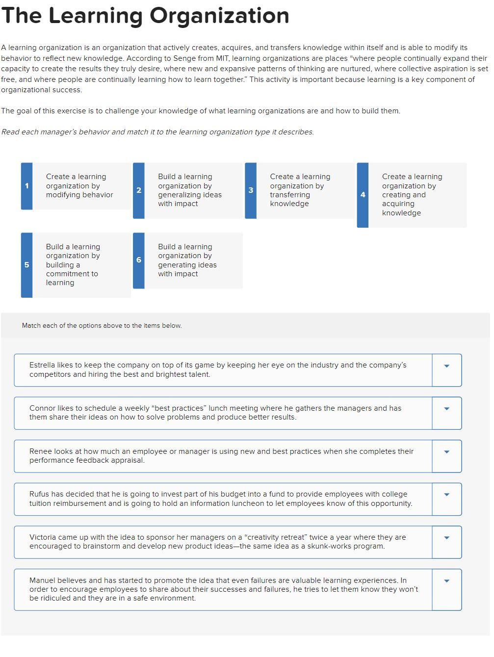 Solved The Learning Organization A learning organization is | Chegg.com