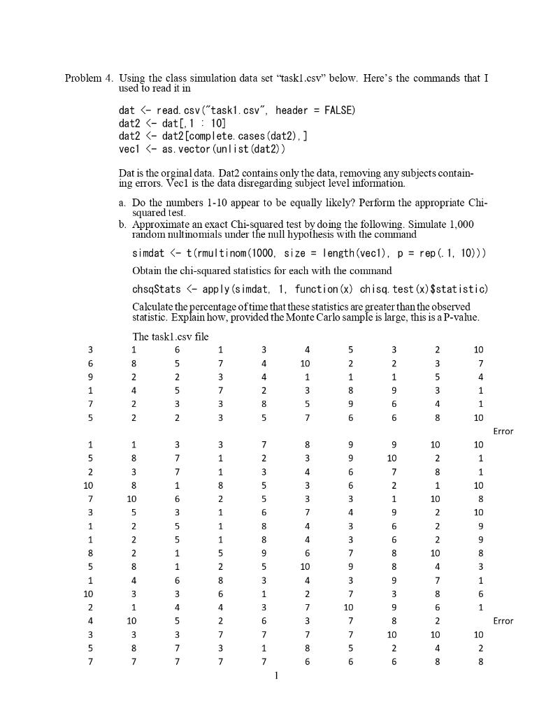 Solved Problem 4. Using the class simulation data set | Chegg.com
