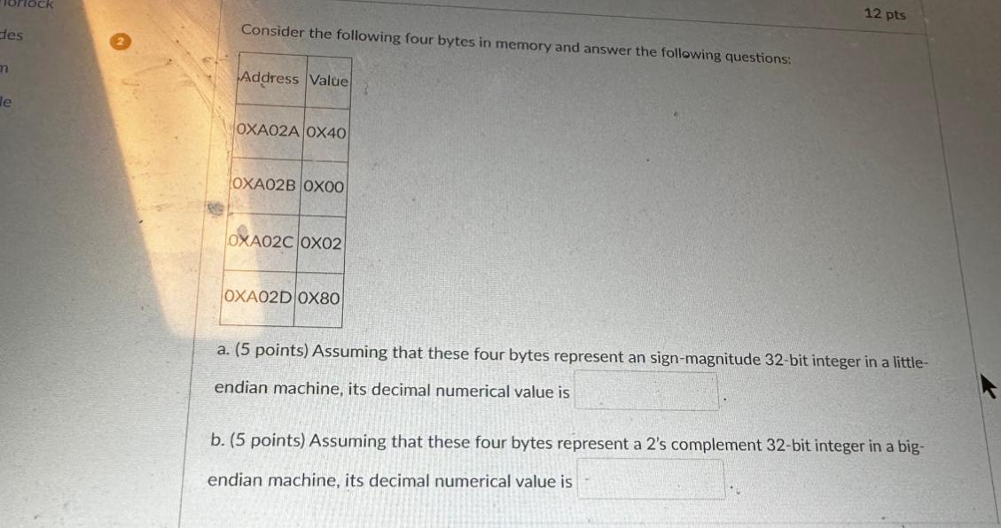 Solved Consider the following four bytes in memory and | Chegg.com