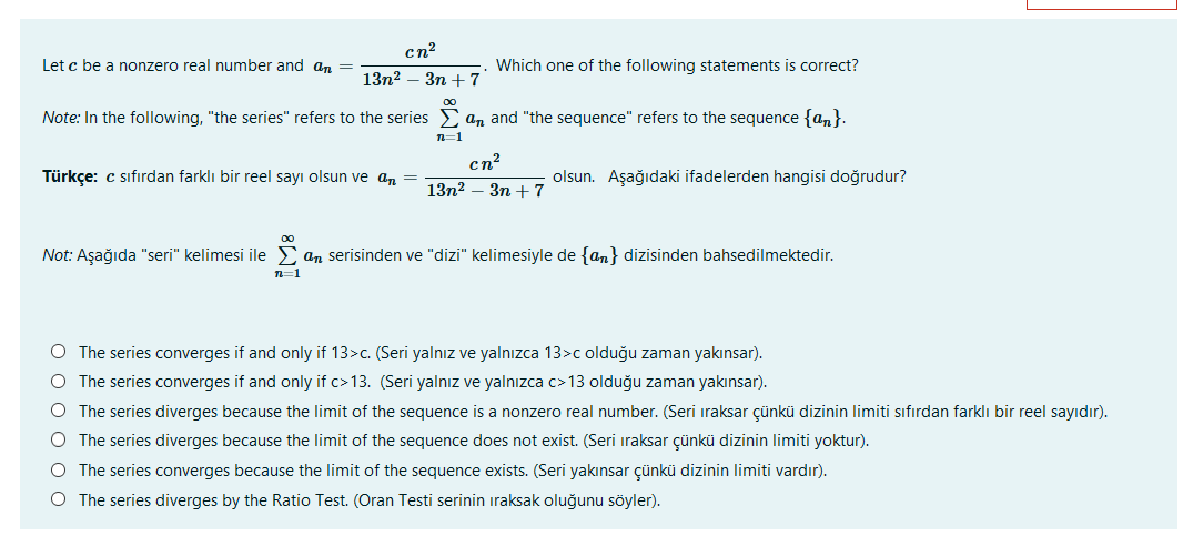 Solved Let c be a nonzero real number and an = cn2 13n2 – | Chegg.com