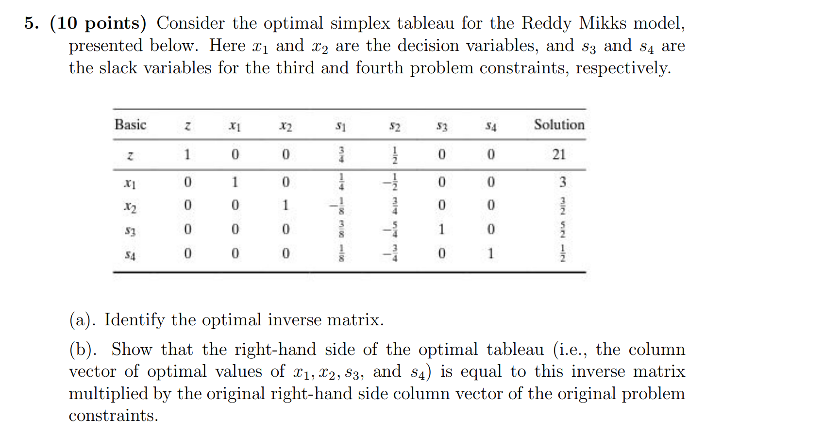 Solved 5. (10 points) Consider the optimal simplex tableau | Chegg.com