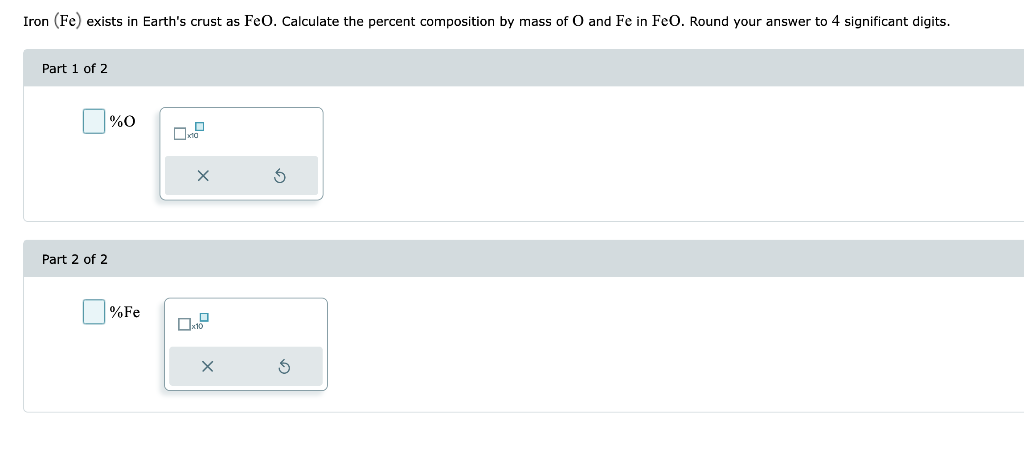 Solved Iron (Fe) exists in Earth's crust as FeO. Calculate | Chegg.com Solved Iron (Fe) exists in Earth's crust as FeO. Calculate | Chegg.com