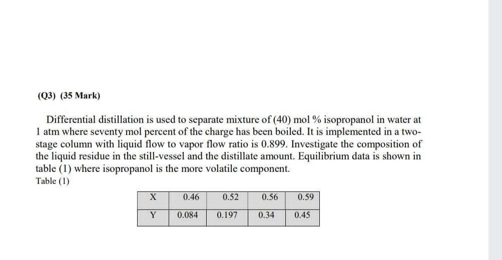 Solved (Q3) (35 Mark) Differential distillation is used to | Chegg.com