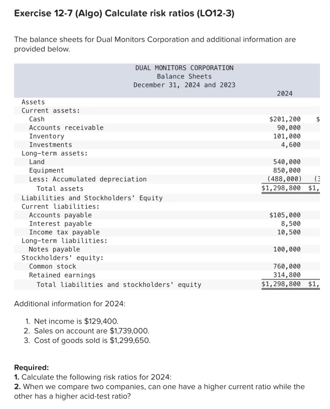 Solved Exercise 12-7 (Algo) ﻿Calculate risk ratios | Chegg.com