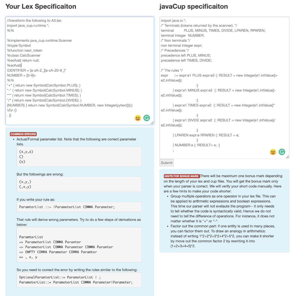 Your Lex Specificaiton javaCup specificaiton | Chegg.com