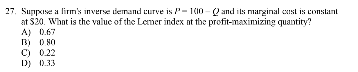 Solved Suppose a firm's inverse demand curve is P=100-Q ﻿and | Chegg.com