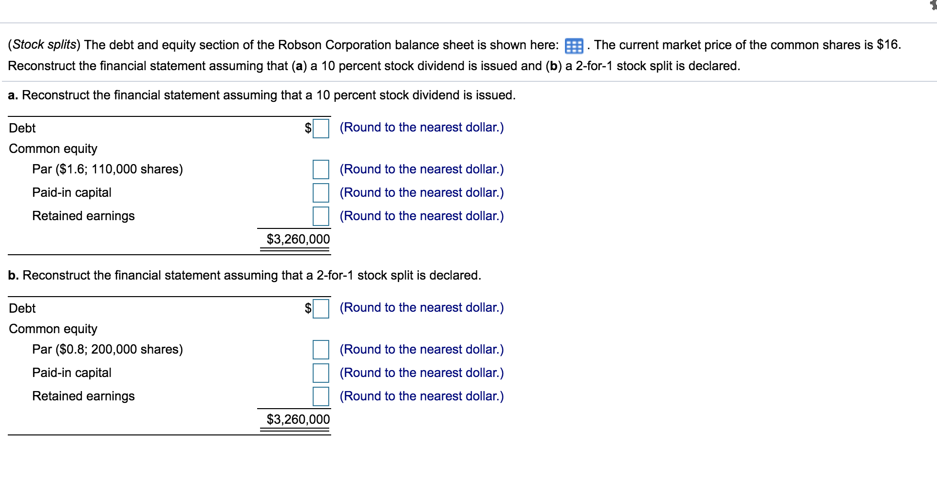 Solved (Stock splits) The debt and equity section of the | Chegg.com