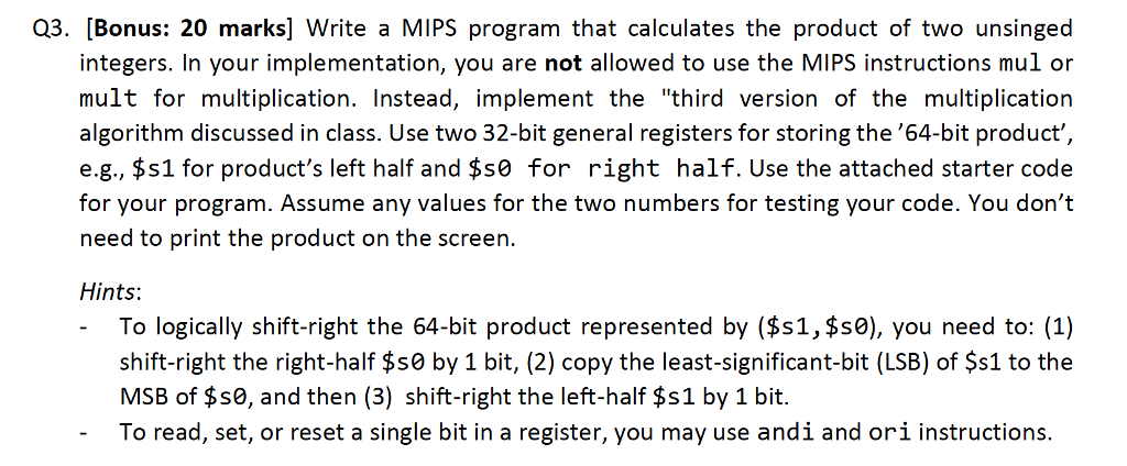 Solved 03. [Bonus: 20 marks] Write a MIPS program that | Chegg.com