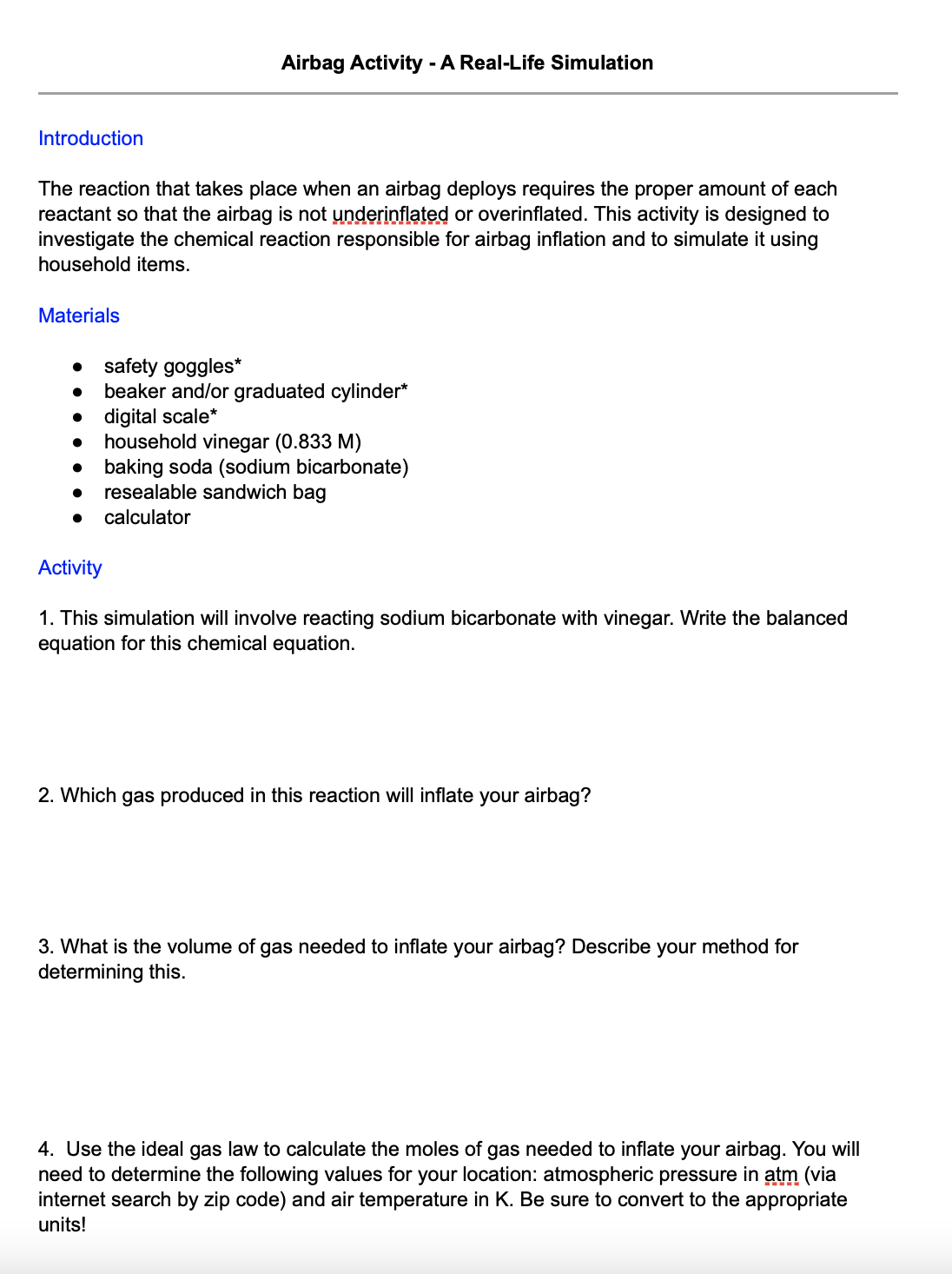 Solved The reaction that takes place when an airbag deploys | Chegg.com
