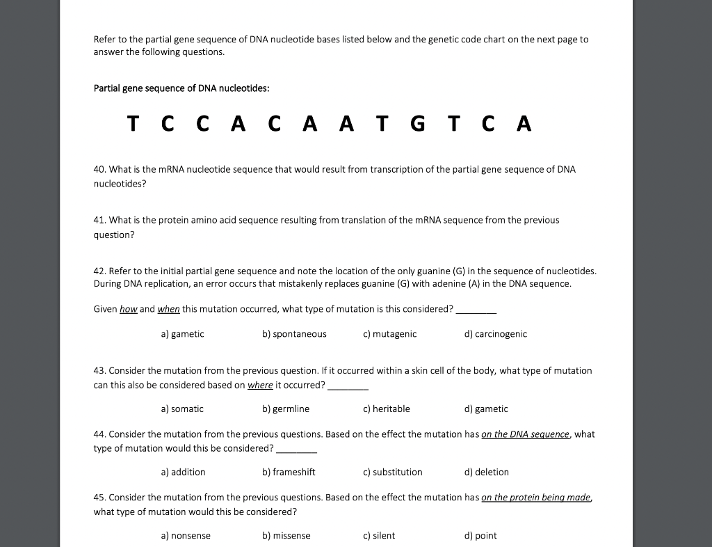 Solved Refer to the partial gene sequence of DNA nucleotide | Chegg.com