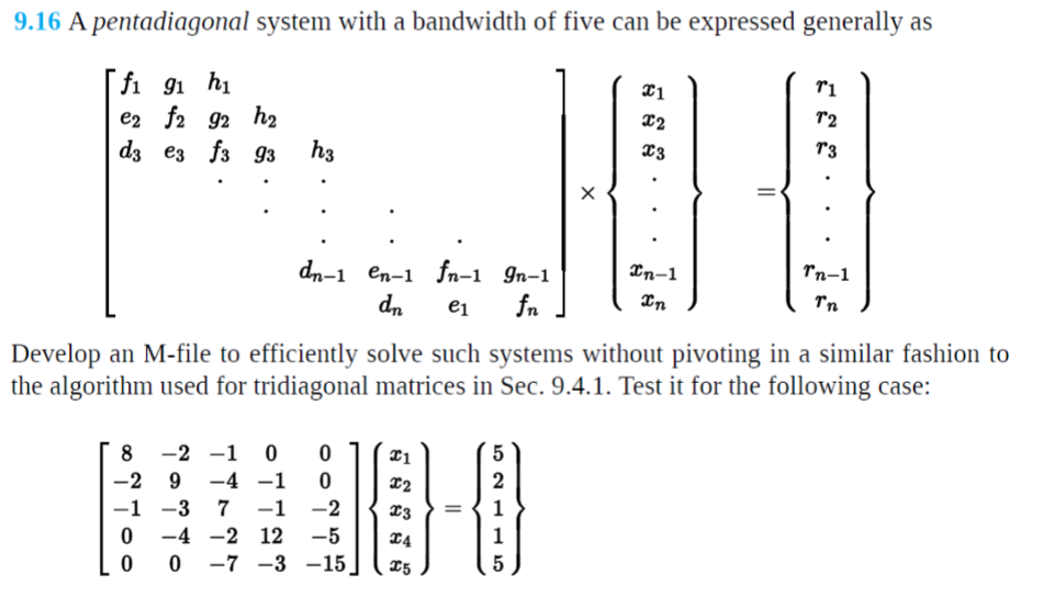 9.16 A pentadiagonal system with a bandwidth of five | Chegg.com