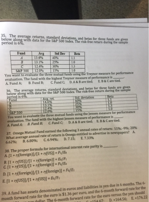 Solved 35. The average returns, standard deviations, and | Chegg.com
