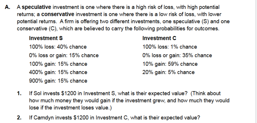 Solved A speculative investment is one where there is a high | Chegg.com