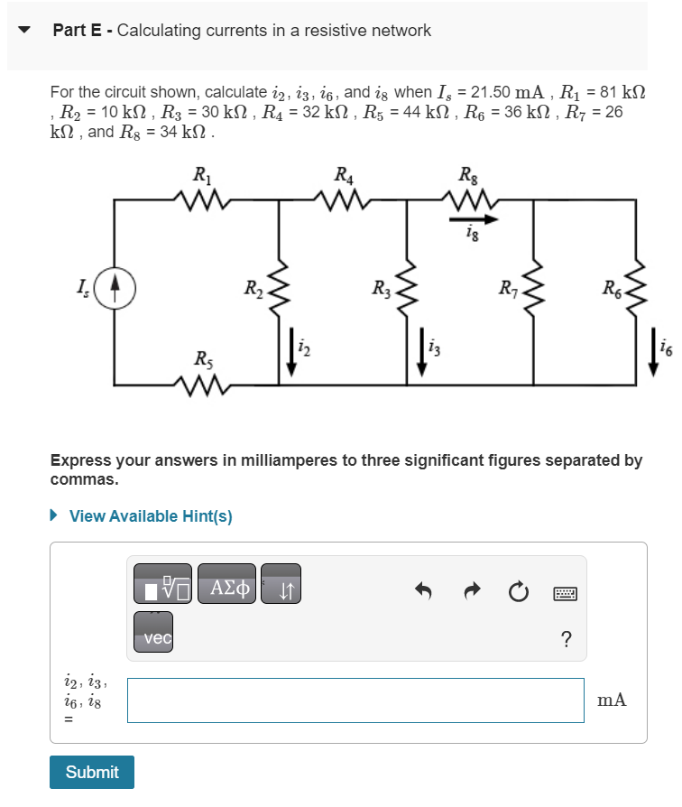 Solved Part E - Calculating currents in a resistive network | Chegg.com