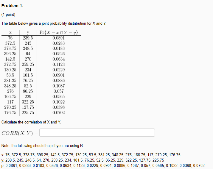 Solved х Problem 1. (1 point) The table below gives a joint | Chegg.com