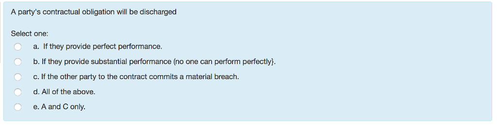 Solved A party's contractual obligation will be discharged | Chegg.com