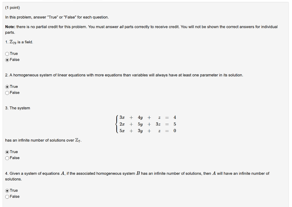 Solved (1 point) In this problem, answer "True" or "False" | Chegg.com