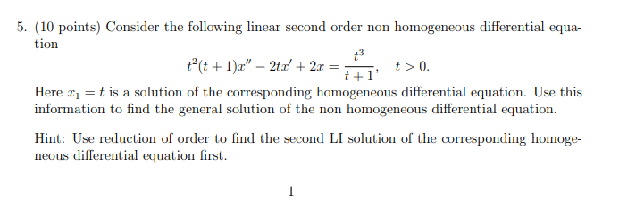 Solved 5. (10 points) Consider the following linear second | Chegg.com