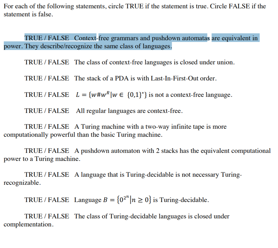 Solved TRUE / FALSE Context-free grammars and pushdown | Chegg.com