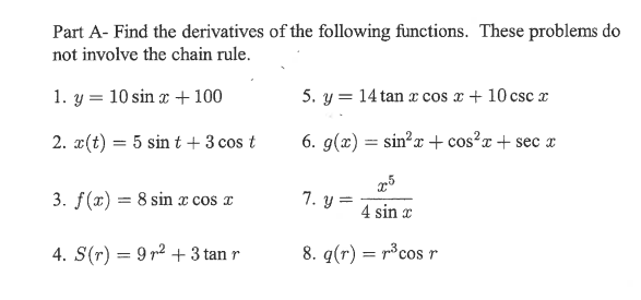 Solved Part A-Find the derivatives of the following | Chegg.com