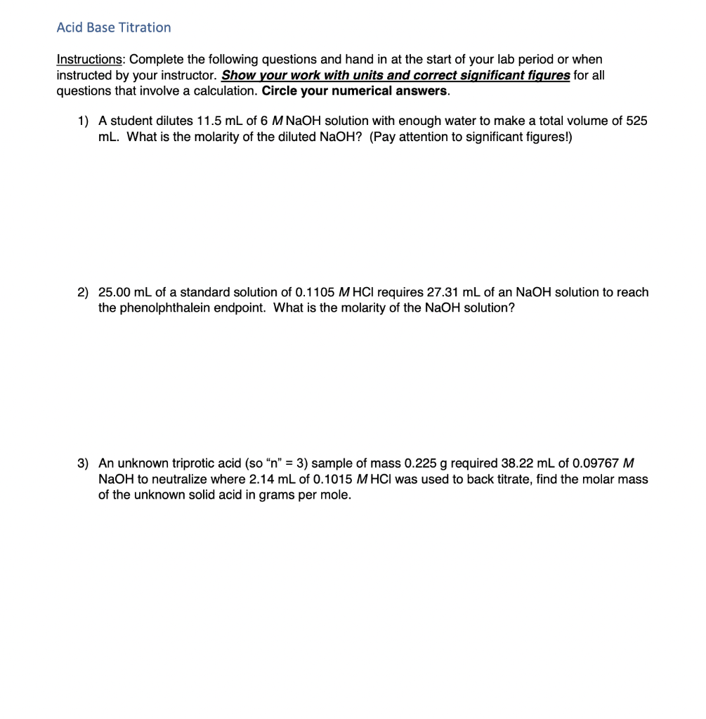 Solved Acid Base Titration Instructions: Complete the | Chegg.com