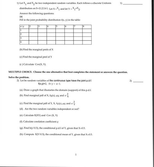 Solved 1) Let X1 andX2 be two independent random variables. | Chegg.com