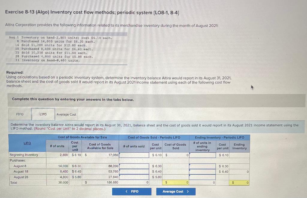 Solved Exercise 8-13 (Algo) Inventory cost flow methods; | Chegg.com