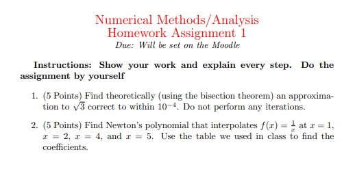 Solved Numerical Methodsanalysis Homework Assignment 1 Due 9417