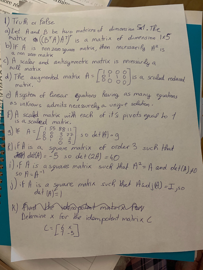 Solved re rét De manier b) If A is a non zero matrix 1) | Chegg.com