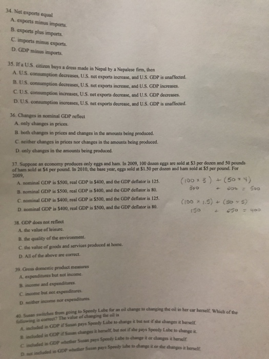 Solved 34. Net exports equal A. exports minus imports. B | Chegg.com