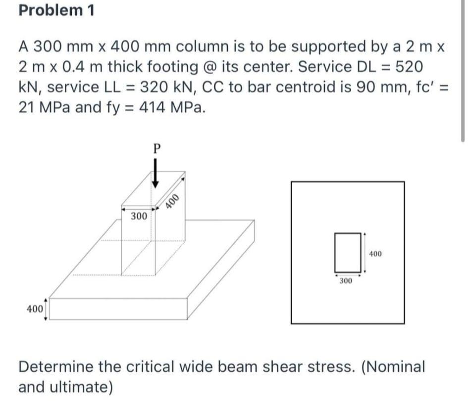 Solved Problem 1 A 300 mm x 400 mm column is to be supported | Chegg.com