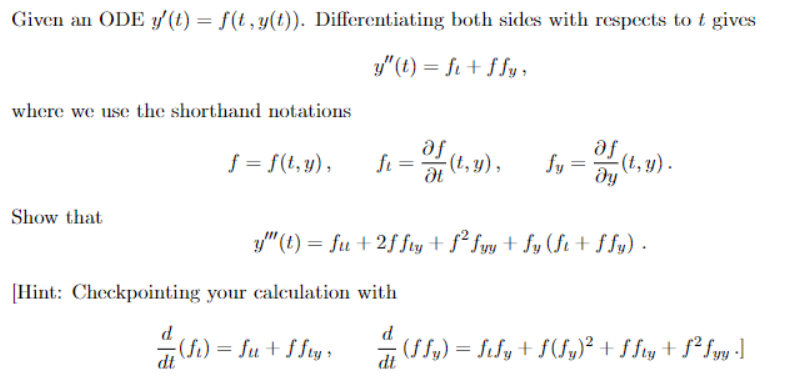 Solved Given an ODE y'(t)=f(t,y(t)). ﻿Differentiating both | Chegg.com
