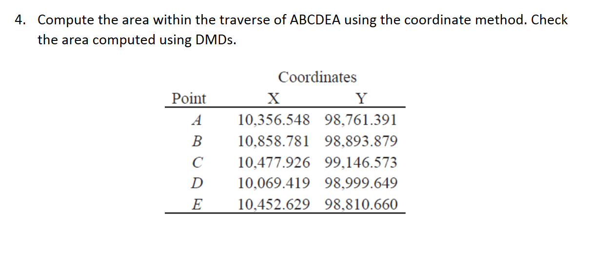 Solved 4. ﻿Compute the area within the traverse of ABCDEA | Chegg.com