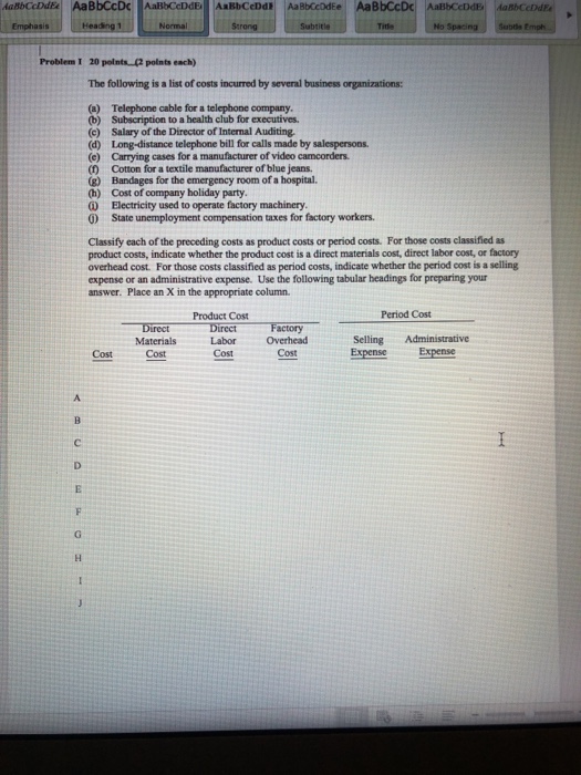 Solved Normal Subtitle Problem I 20 points (2 polnts each) | Chegg.com Solved Normal Subtitle Problem I 20 points (2 polnts each) | Chegg.com
