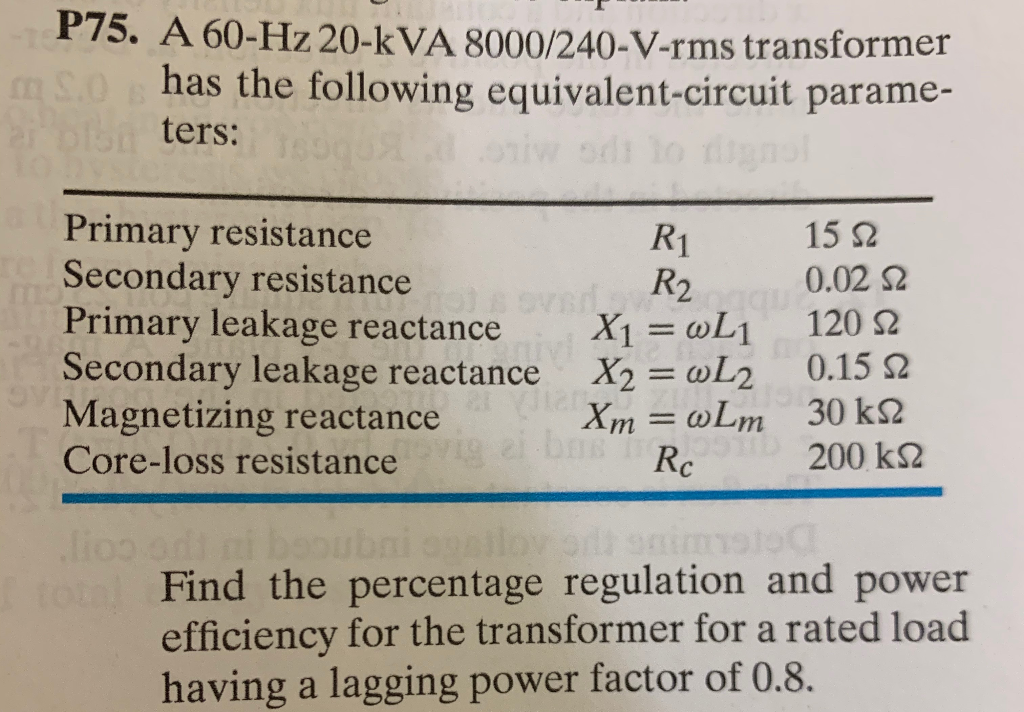 Solved P75. A 60-Hz 20-kVA 8000/240-V-rms transformer MS.O | Chegg.com