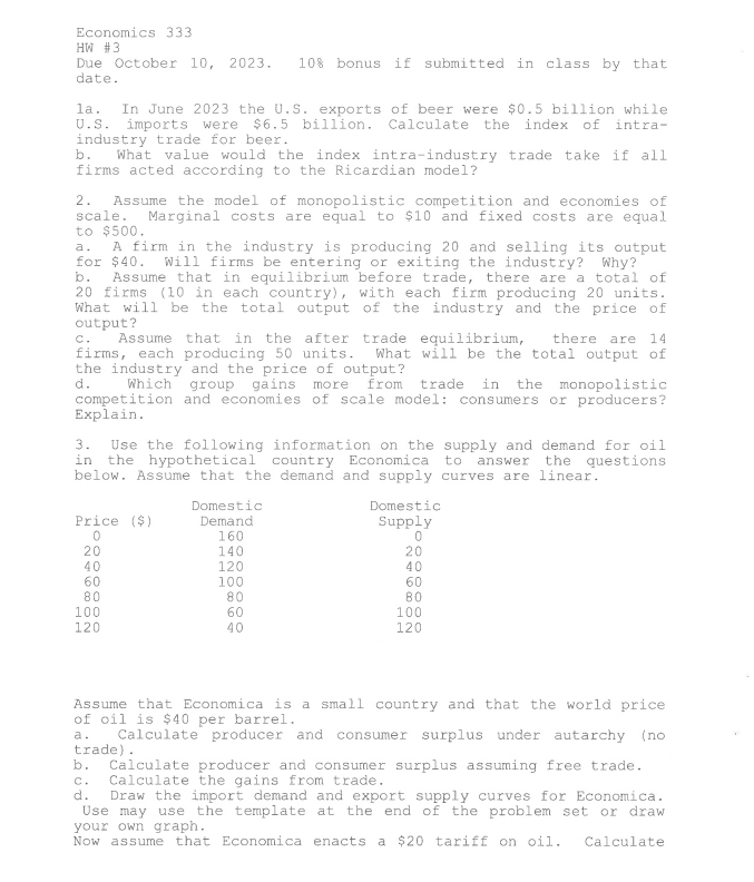 Solved Economics 333 HW \#3 Due October 10, 2023. 108 bonus | Chegg.com