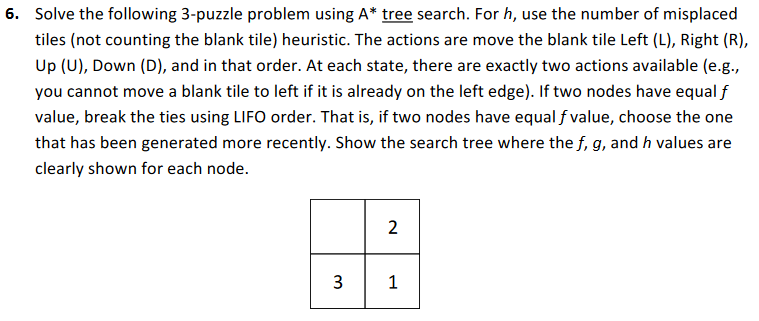 Solved 6. Solve the following 3-puzzle problem using A* tree | Chegg.com