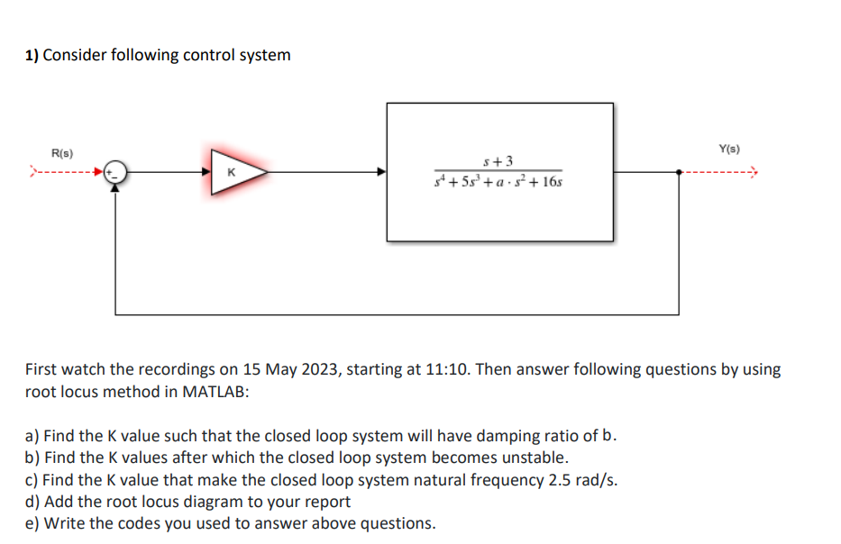 Solved 1) Consider following control system First watch the | Chegg.com